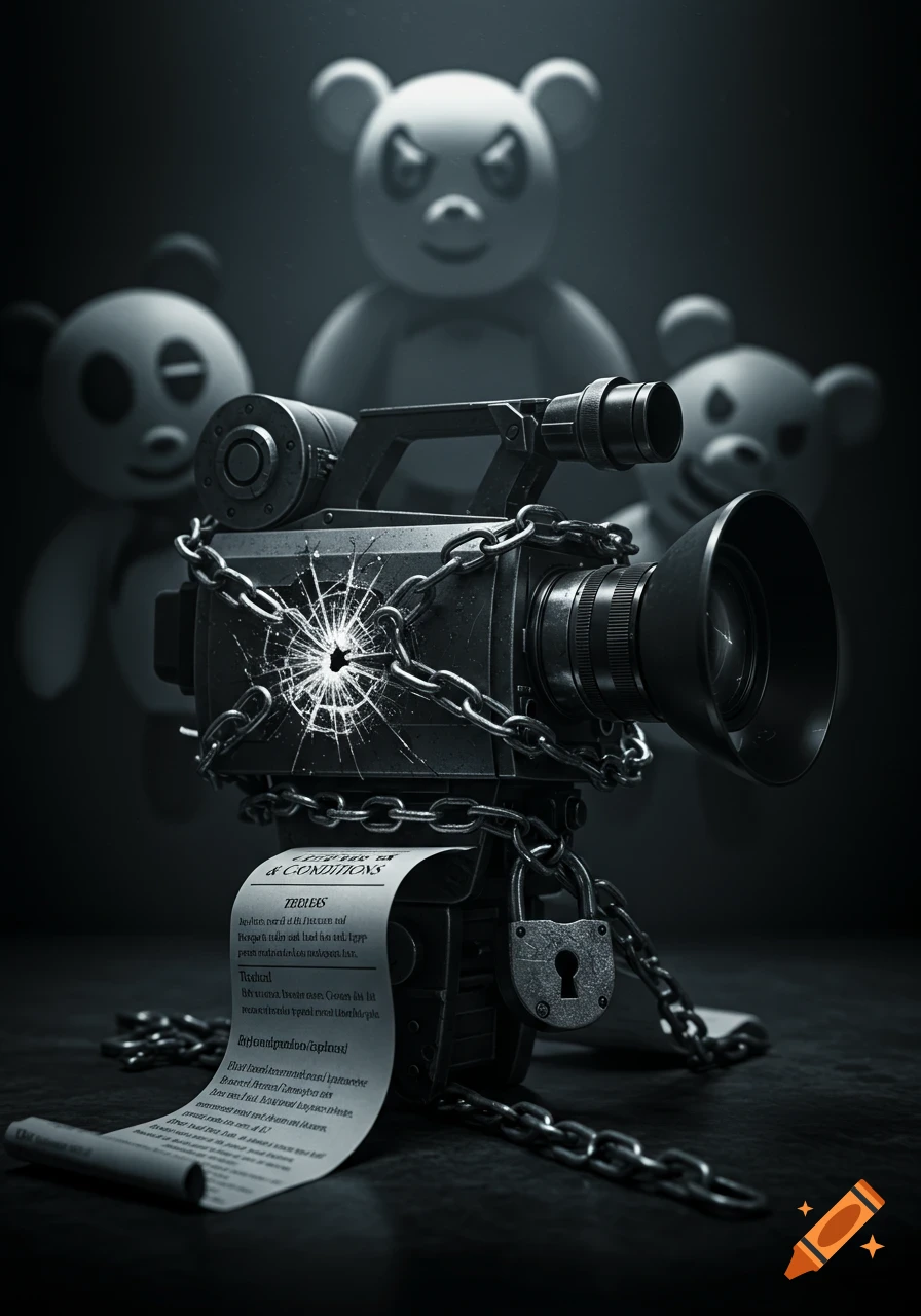 A dark, moody, satirical image of a chained and locked video camera ...