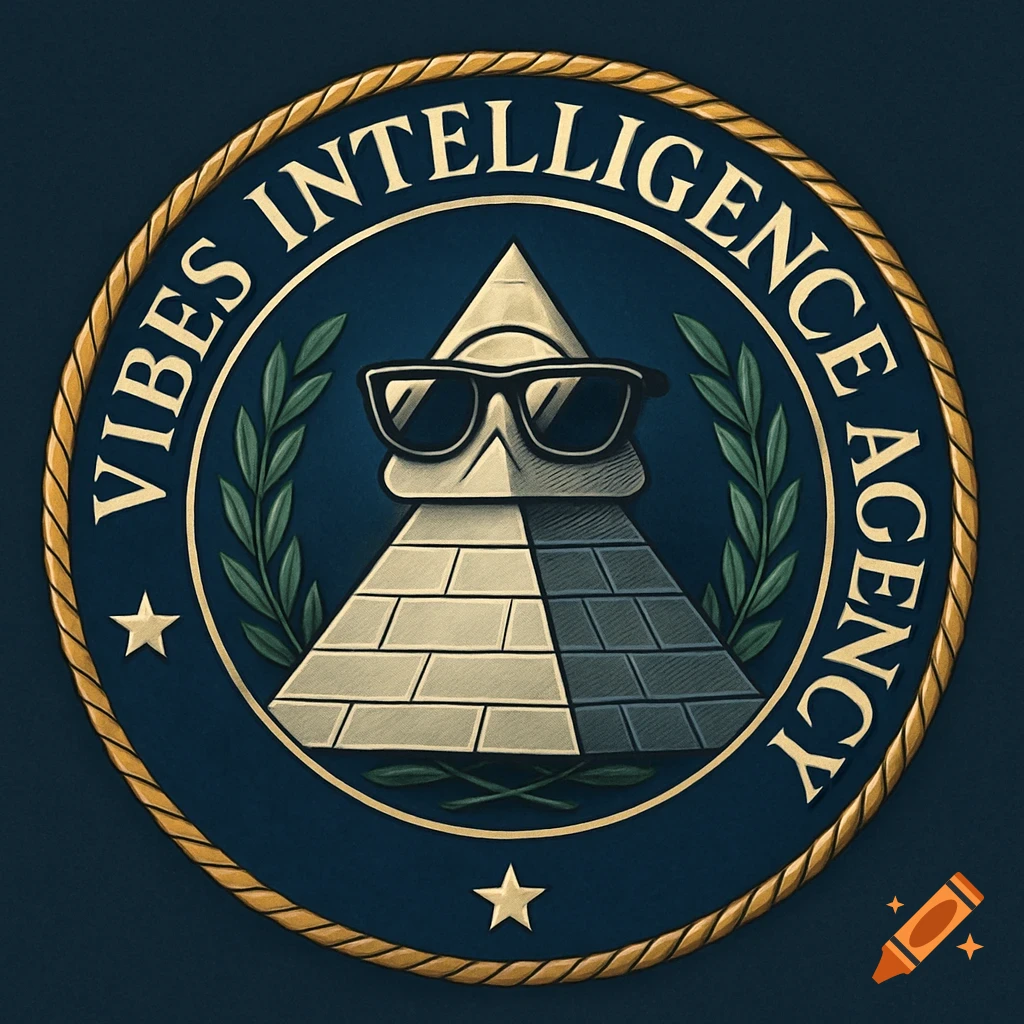 A government-style seal with a pyramid, an all-seeing eye wearing sunglasses, and the text ...