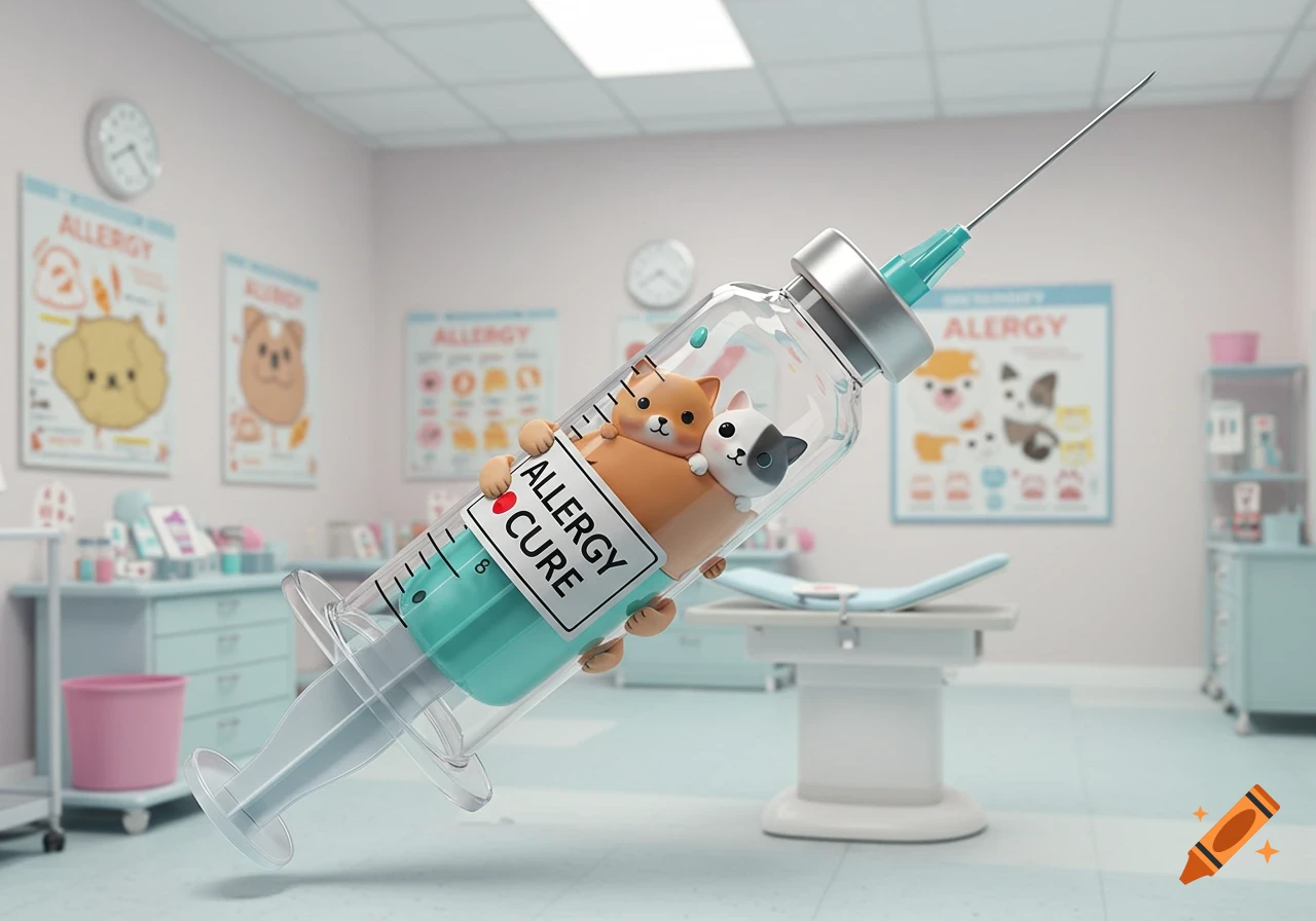 A cute 3D cartoon image of an oversized syringe labeled "ALLERGY CURE ...