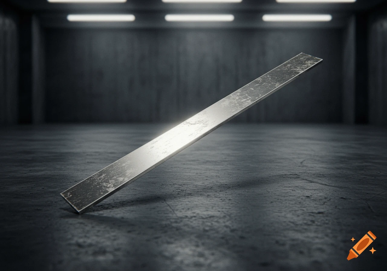 A photorealistic image of a thin, weathered metal strip leaning ...