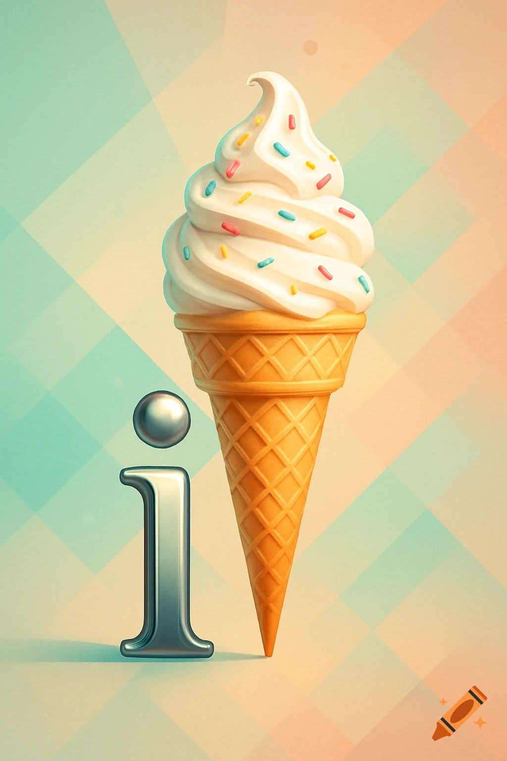 An artistic illustration featuring a metallic letter 'i' next to a soft ...