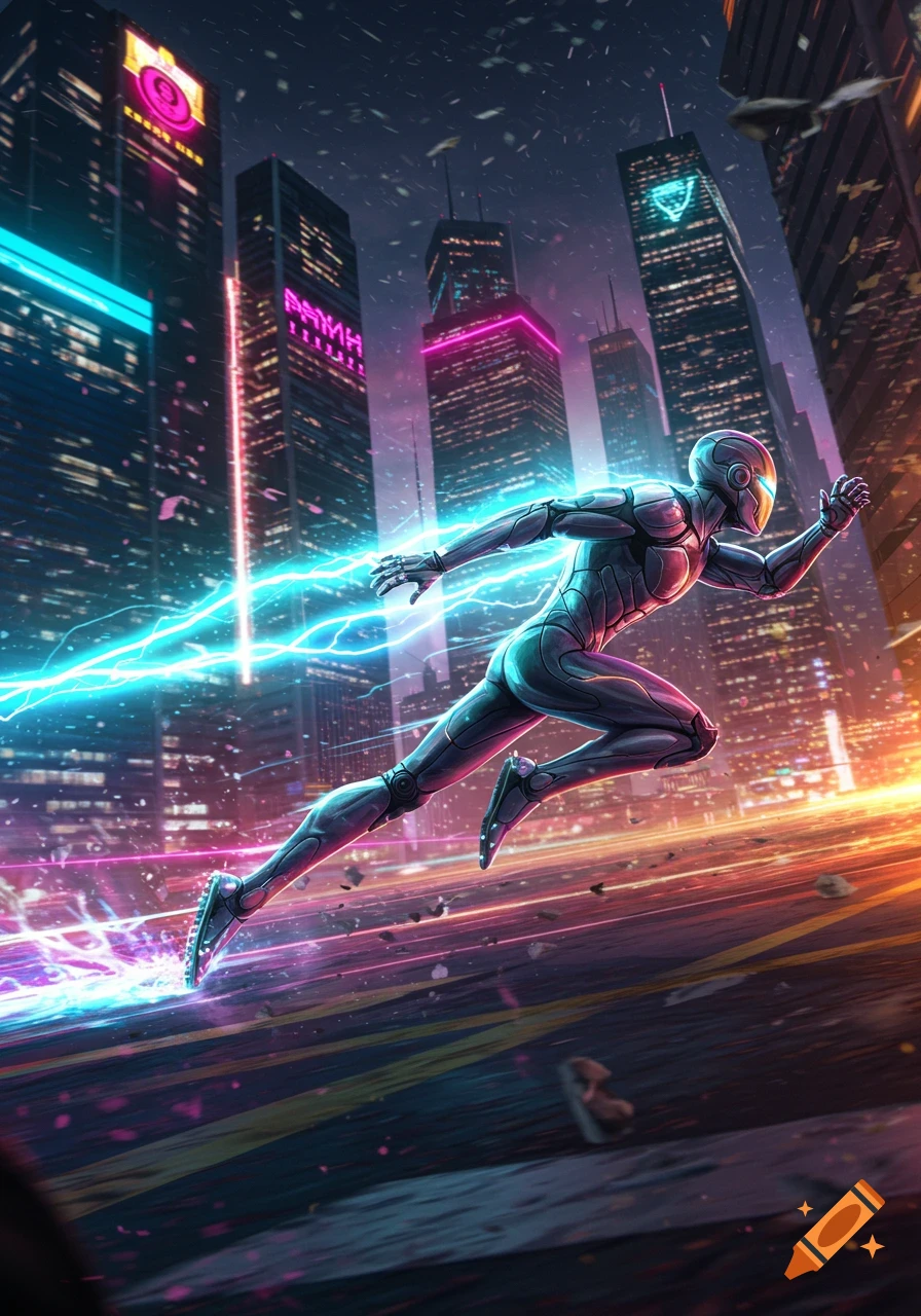 A futuristic armored figure runs at supersonic speed through a neon-lit ...