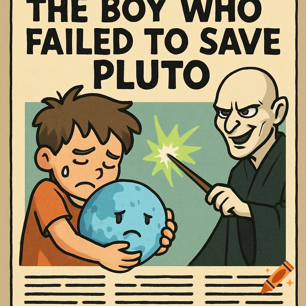 A cartoon image of a crying boy hugging a sad Pluto, with Voldemort casting a green spell from ...