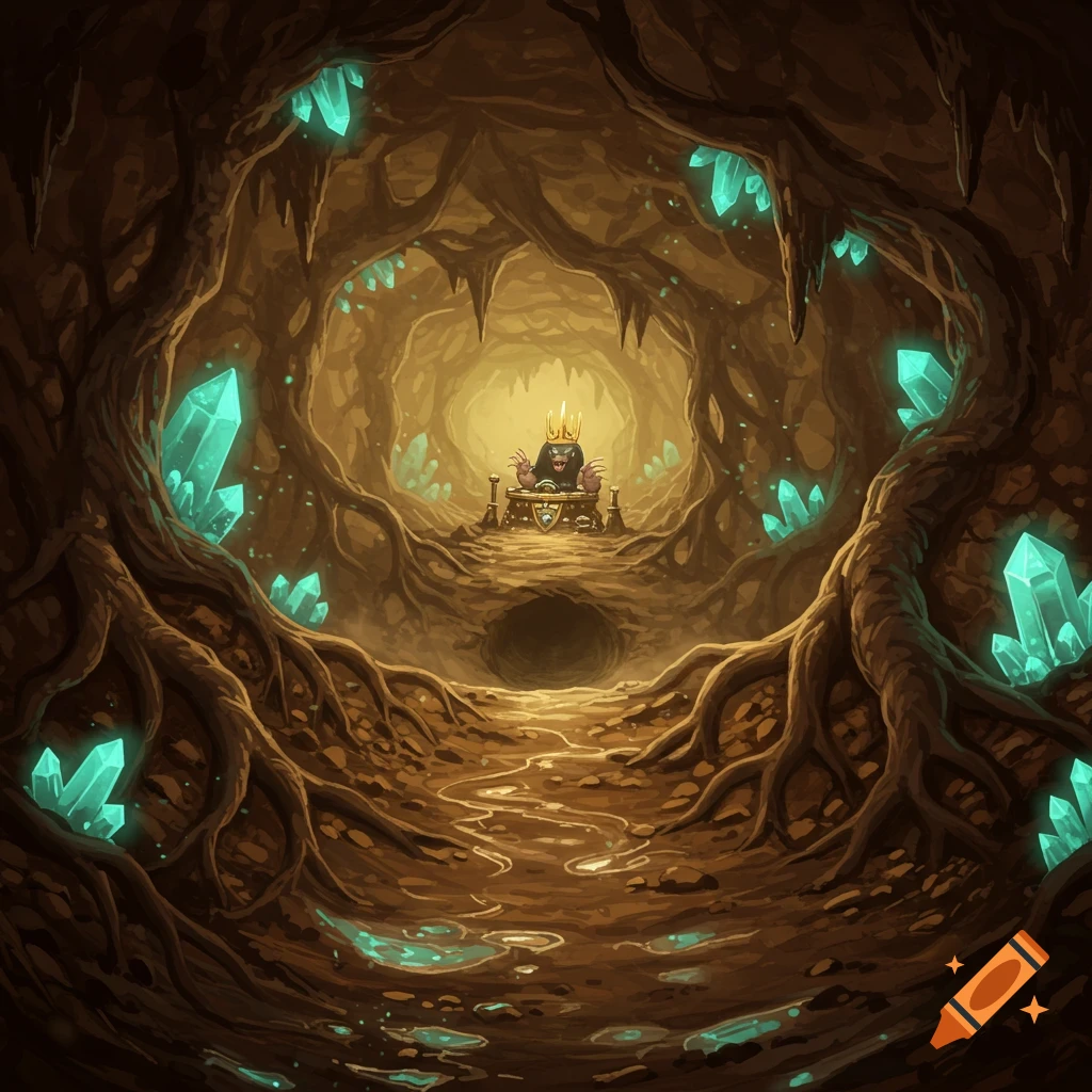 A cartoonish mole boss wearing a crown sits on a throne in a glowing ...