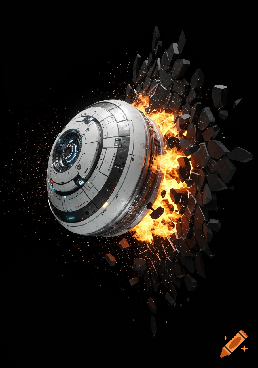A white and silver round alien UFO crashes through a wall, surrounded ...