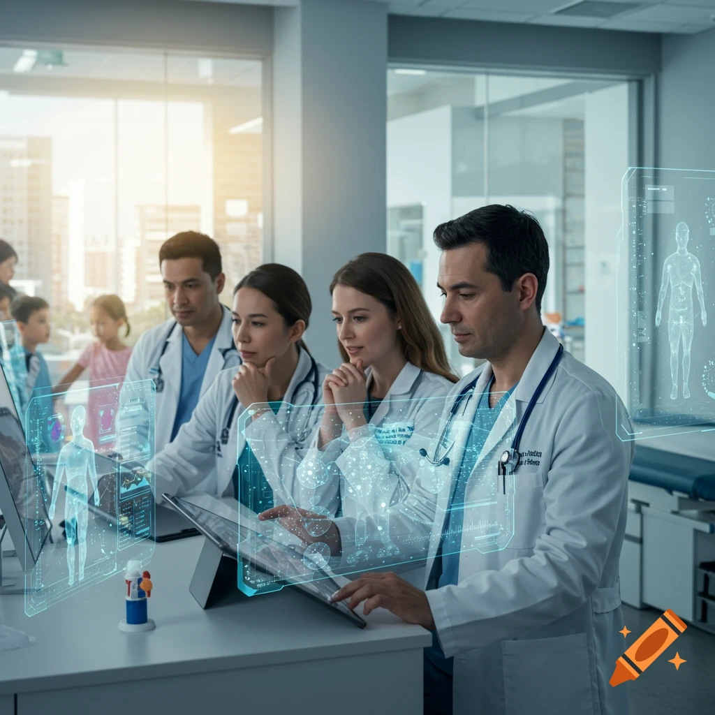 A smiling doctor in a lab coat shakes hands with a businessman in a ...