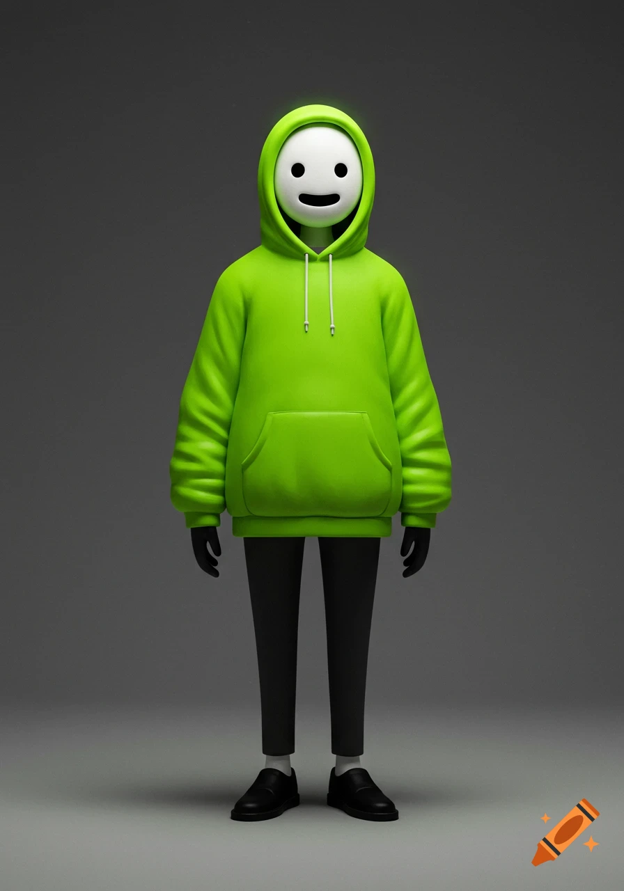 A black, faceless character in an oversized blue hoodie stands against ...