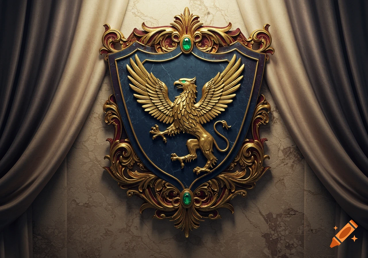 Round, artistic logo of a brown eagle and black raven with talons ...