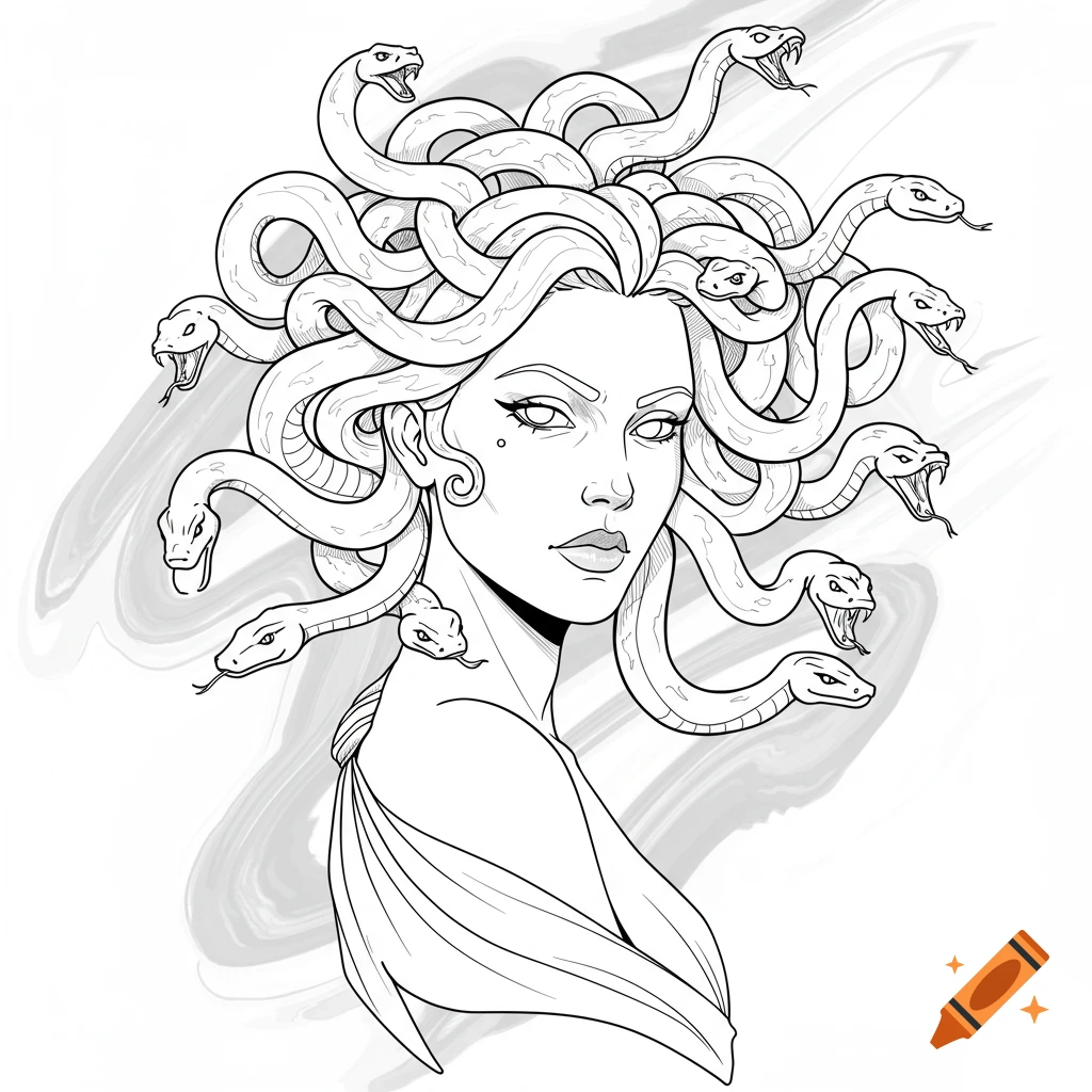 Black and white outline drawing of Medusa, a woman with snakes for hair ...