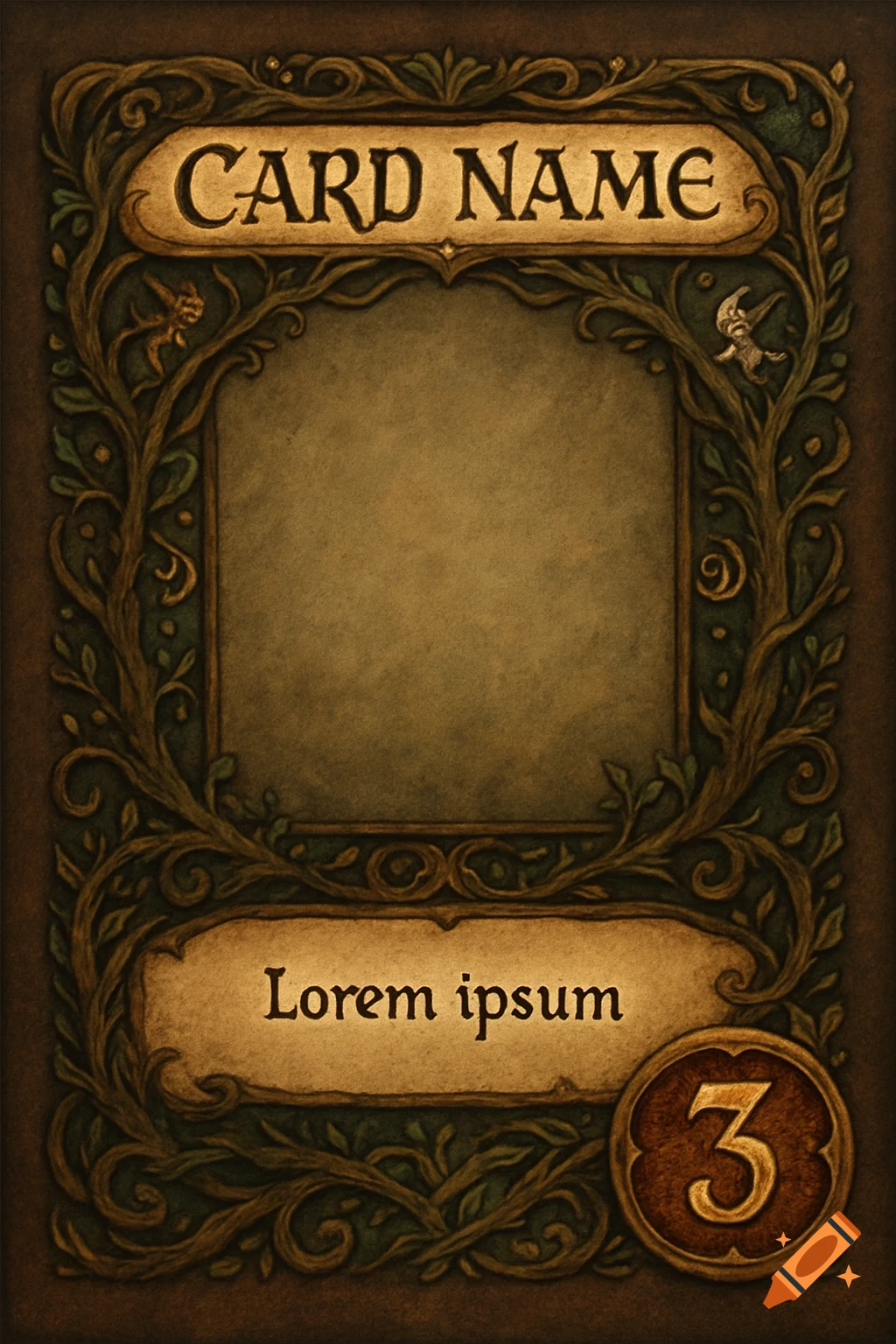 Ornate fantasy card game frame with a 'Card Name' banner, 'Lorem ipsum ...