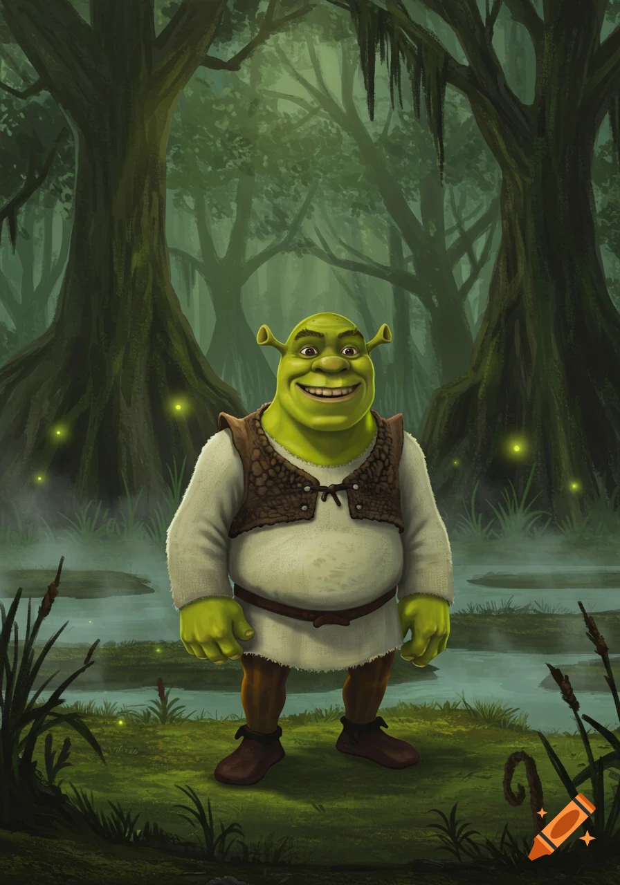 Shrek stands smiling in a full-body portrait in a misty green swamp ...