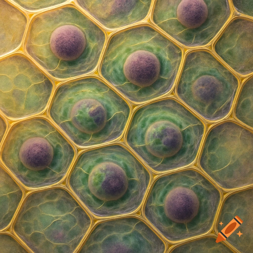 Close-up microscopic view of hexagonal cells with green interiors and ...