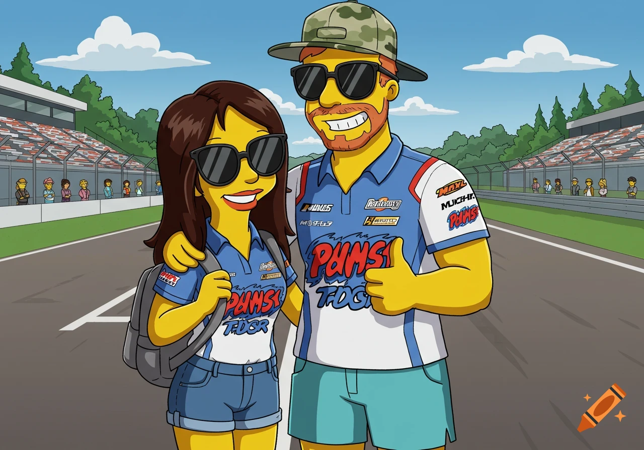 A cartoon couple in The Simpsons style on a race track. A woman with ...