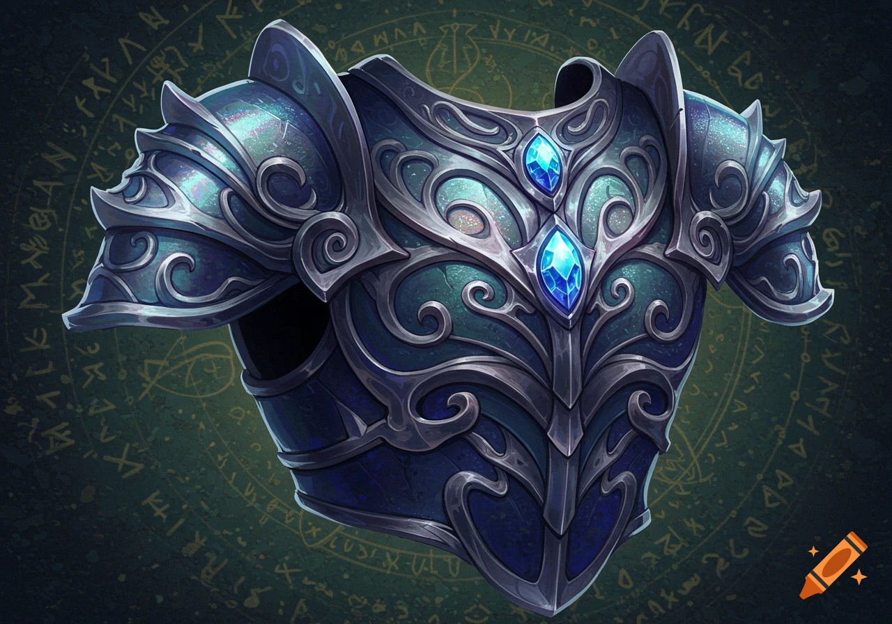 Detailed blue and silver fantasy chest armor with intricate carvings ...