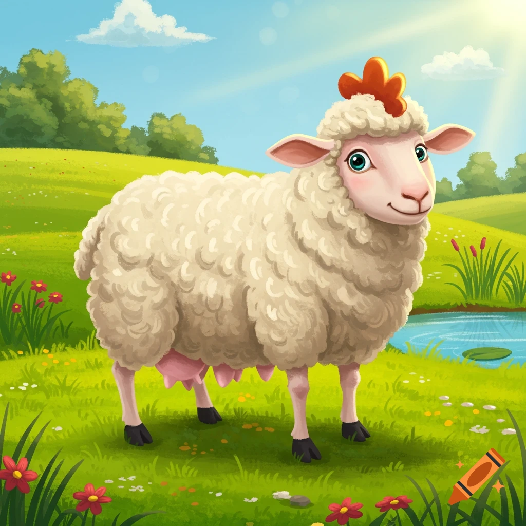 A cartoon sheep stands next to a cartoon wolf with a bell collar in a ...