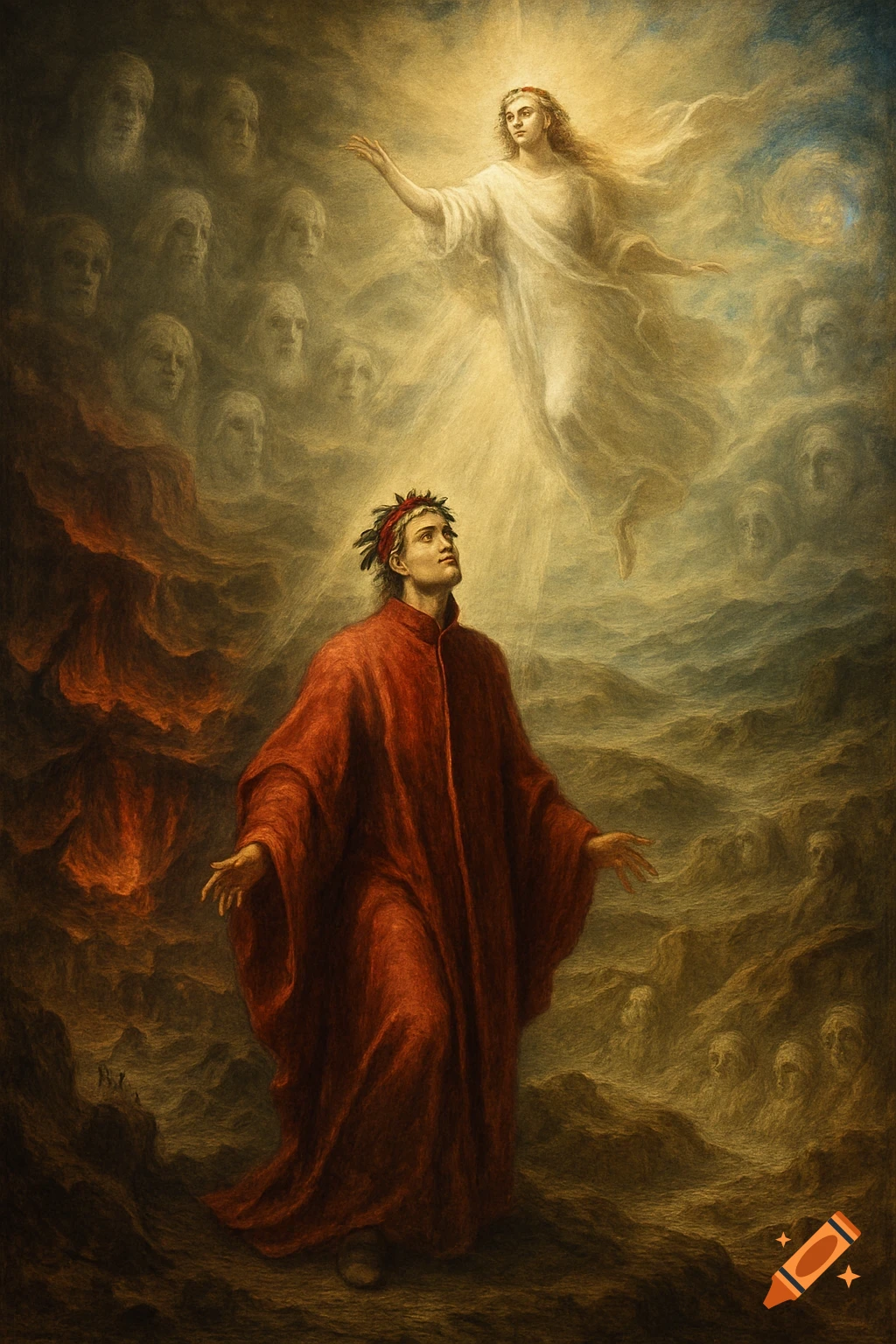 A man in red robes and a laurel wreath looks up at a glowing angelic ...