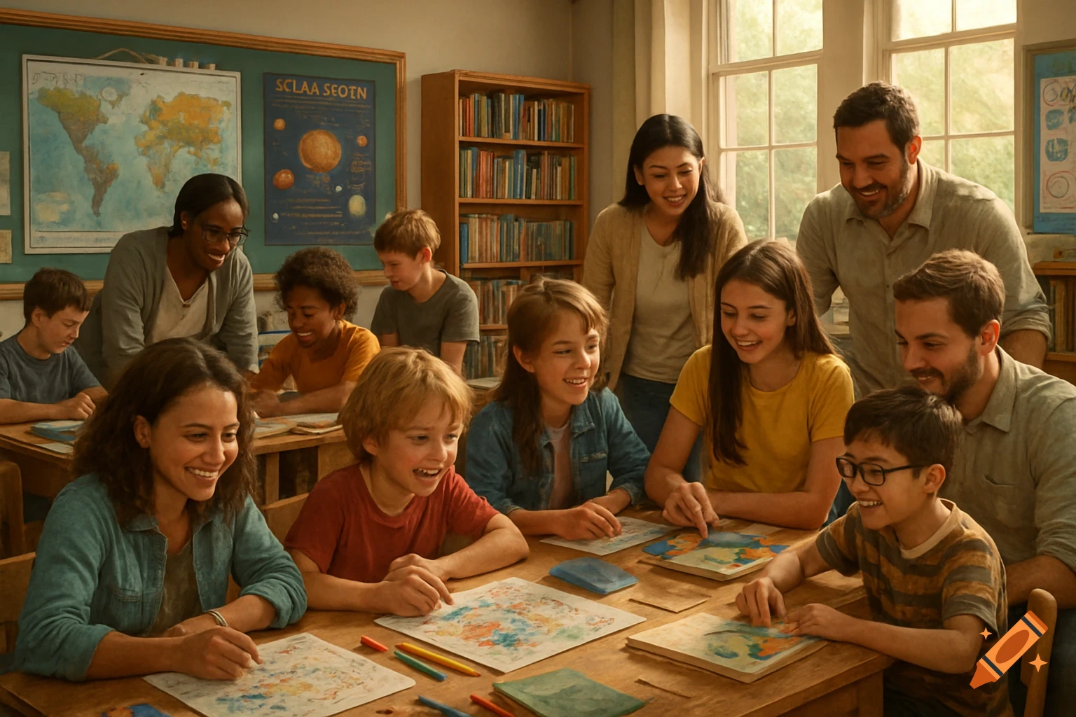 A diverse group of five young friends collaboratively studying around a ...