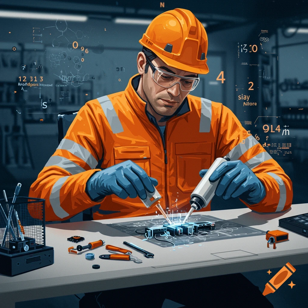 Comic-style illustration of an engineer in a hard hat and safety ...