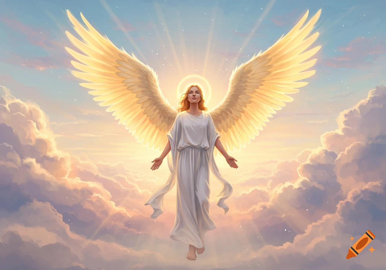A radiant angel with golden wings and a halo floats in a heavenly sky ...