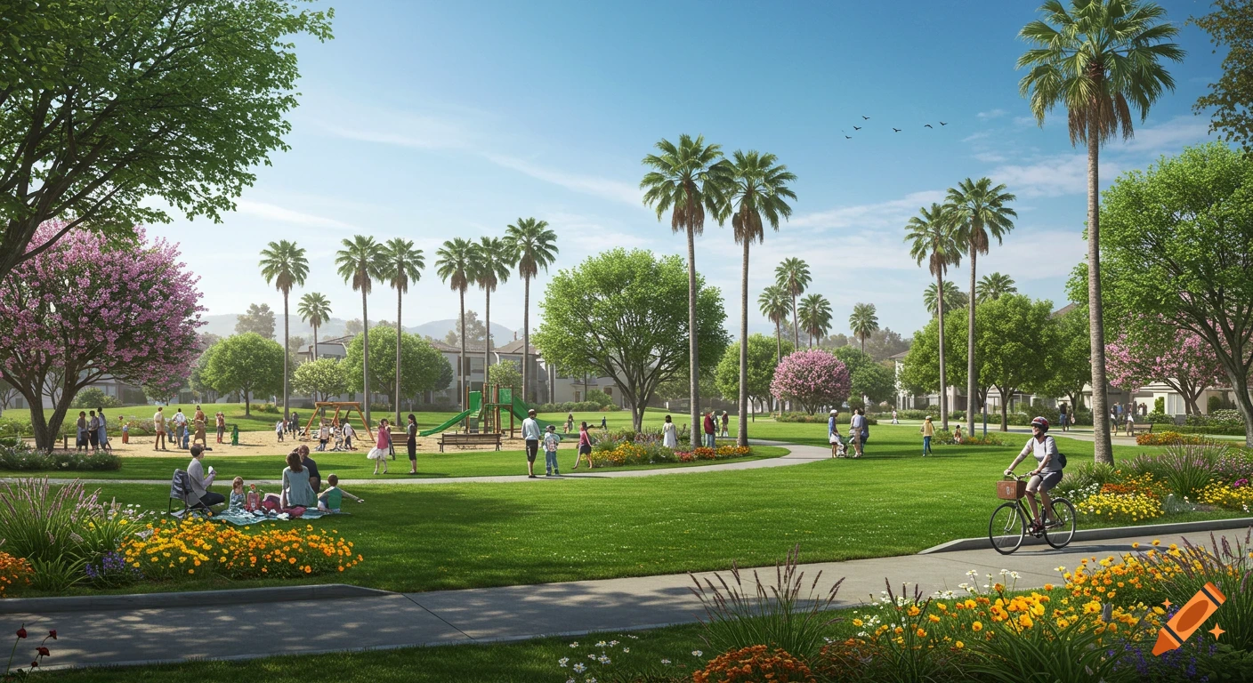 Two anime-style women walk down a sunny, palm tree-lined shopping ...