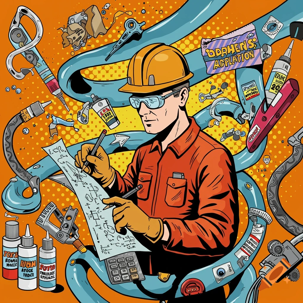 Cartoon painter in paint-splattered overalls on a ladder pokes a ...