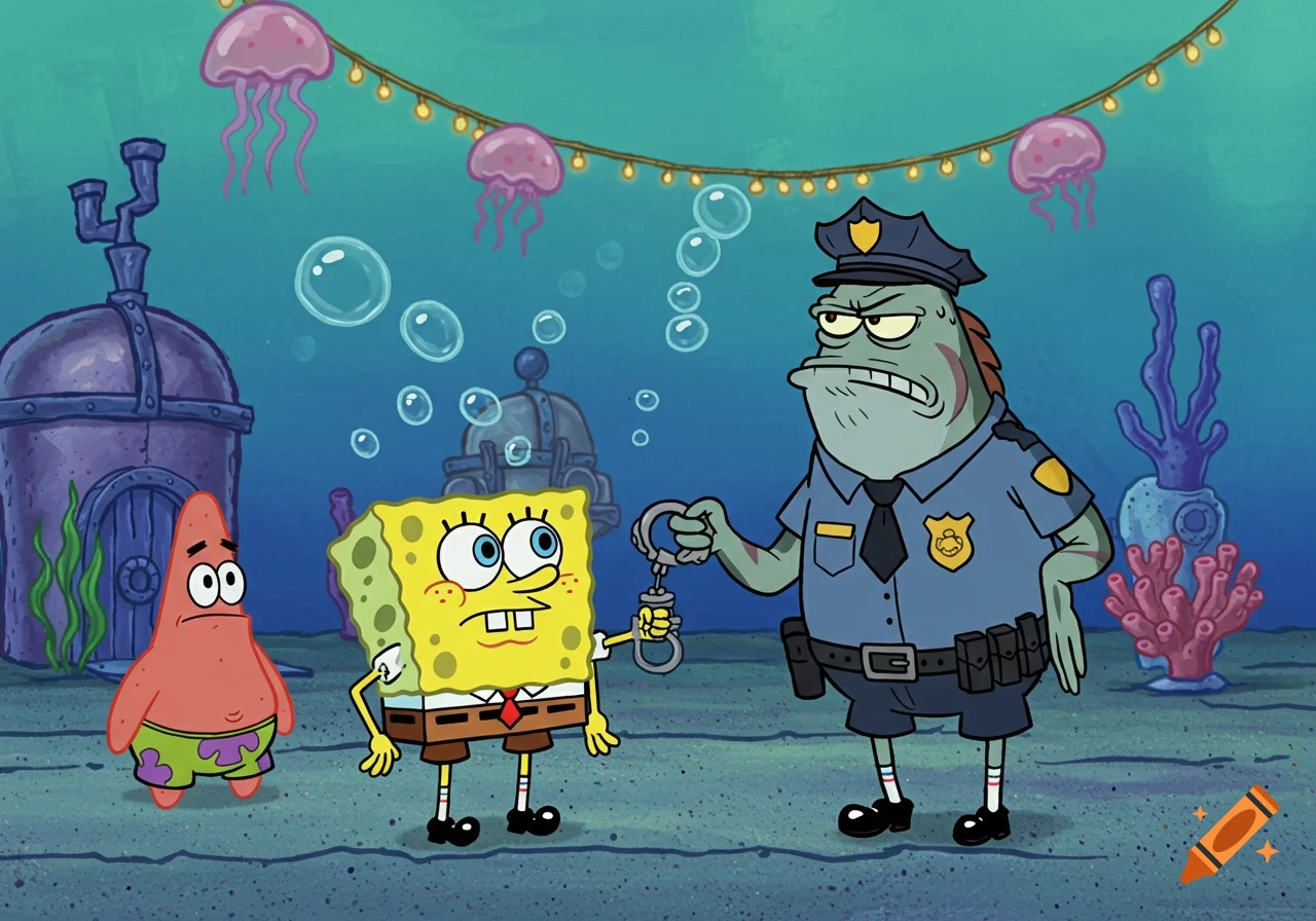 SpongeBob SquarePants is being arrested by a fish police officer, with ...