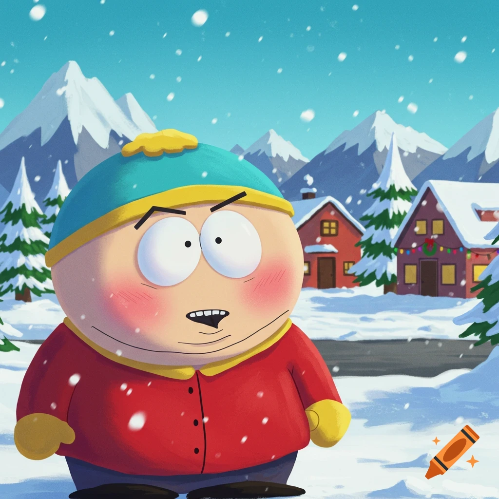 A chubby cartoon character, Cartman from South Park, stands in a snowy ...
