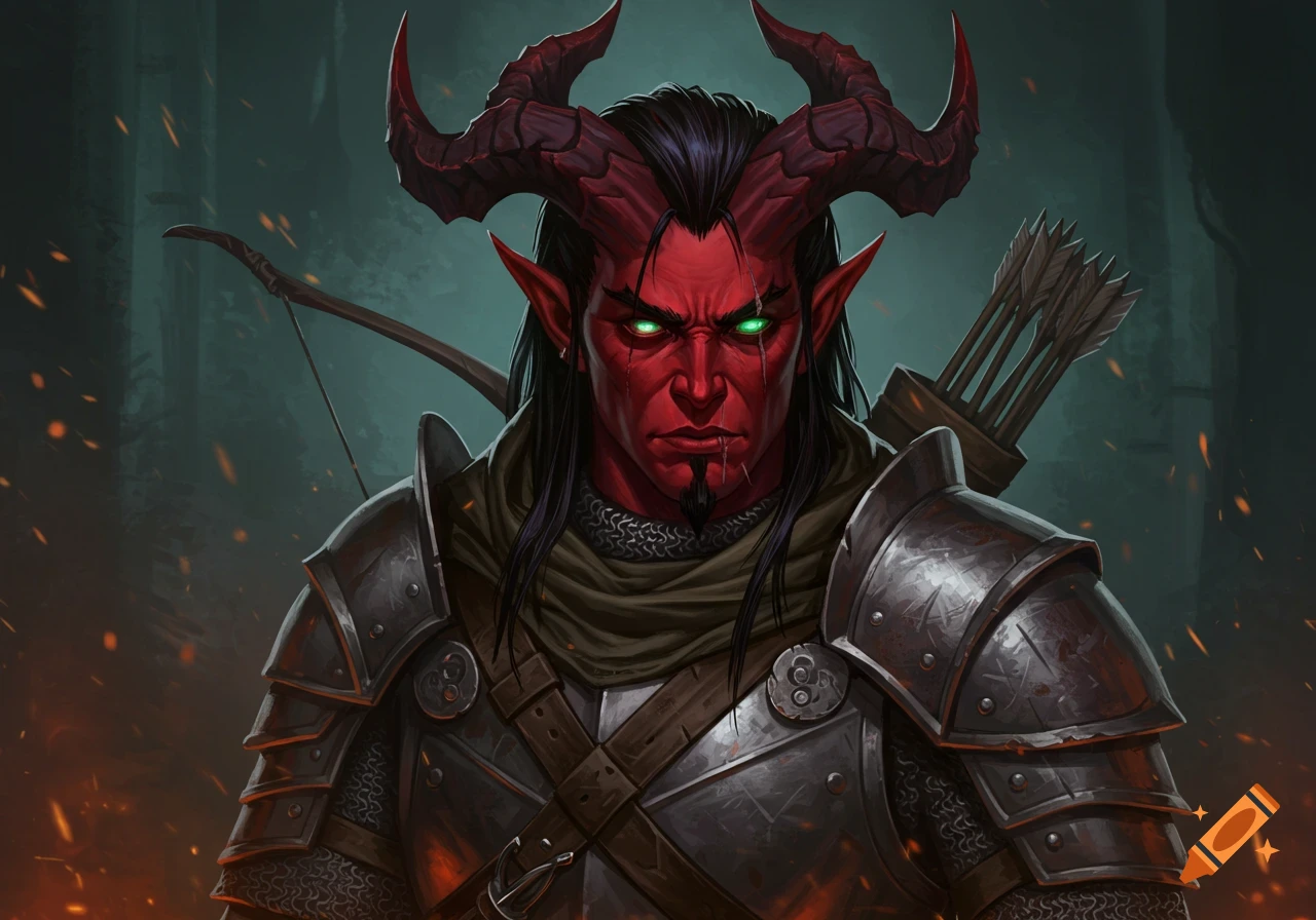 A menacing tiefling barbarian with dark red skin, glowing red eyes ...