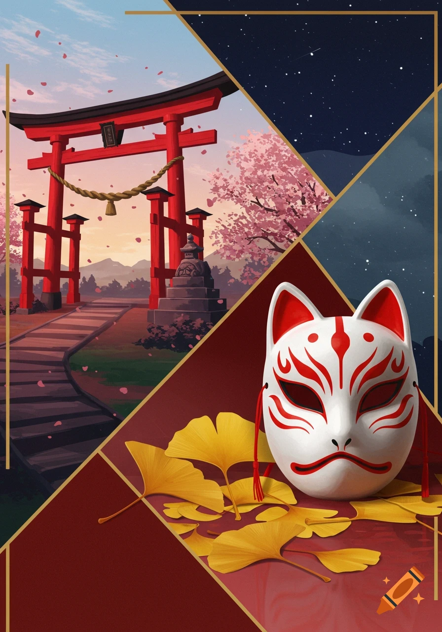 Stylized panels with a red Japanese torii gate, cherry blossoms, a ...