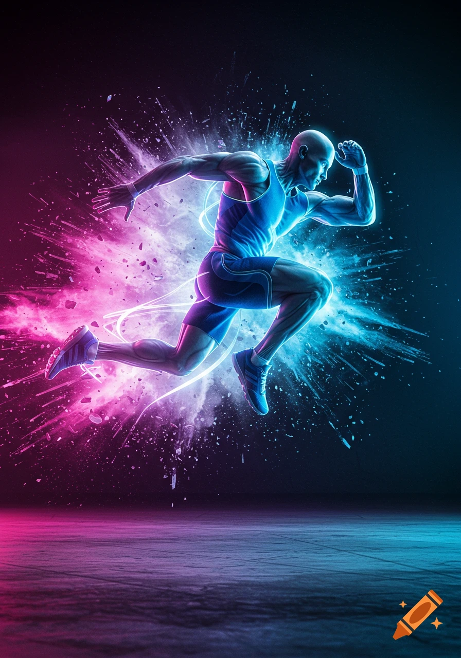 A muscular male figure glowing with neon blue and pink energy leaps ...