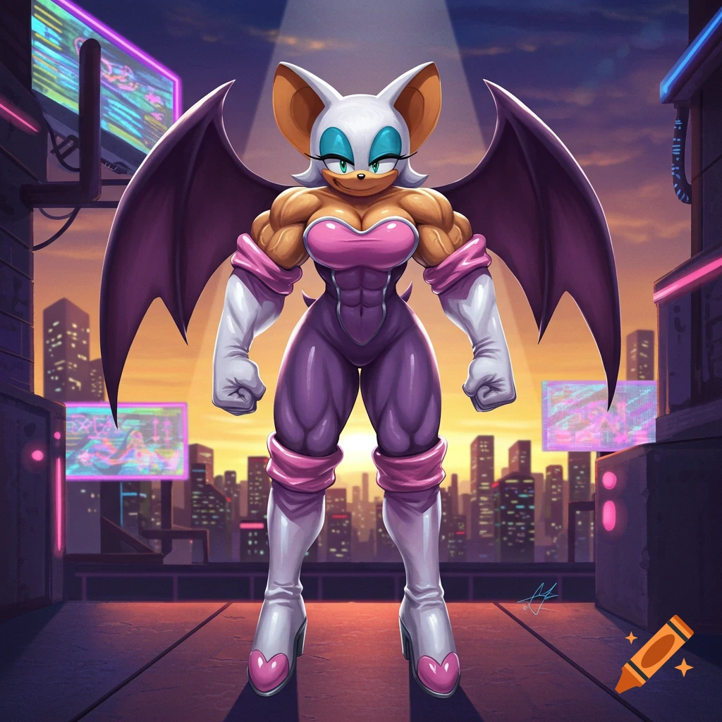 Rouge the Bat in a magenta bodysuit with large bat wings, standing on a ...