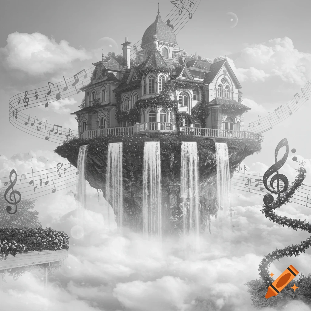 Grayscale image of an ethereal mansion on a floating island with ...