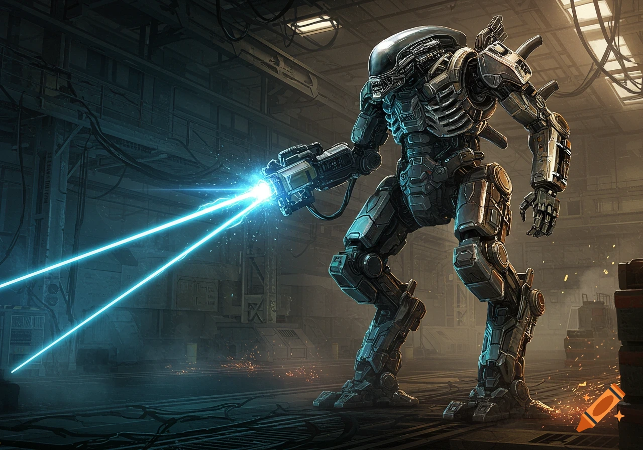 A detailed, dark sci-fi image of an alien-like mech suit firing blue ...