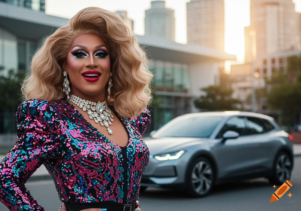 A smiling drag queen in a sequined top and elaborate jewelry poses in ...