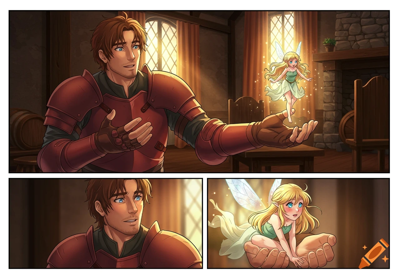 Two-panel anime comic of a man in red armor holding a tiny blonde pixie ...