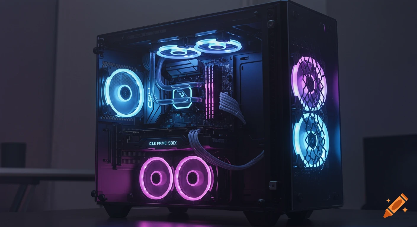 Close-up of a gaming PC interior with RGB fans and components visible ...