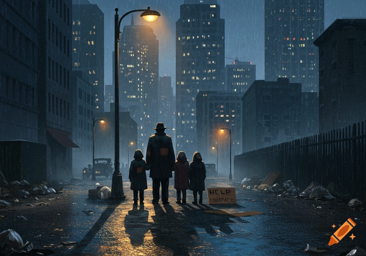 Dark, rainy Gotham City street with neon billboards and the Bat-signal ...