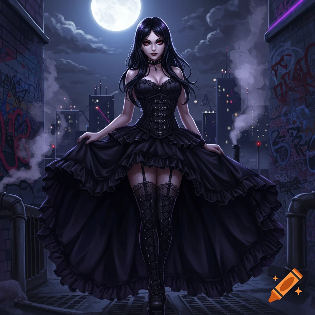 An anime-style goth woman with black hair and red eyes stands in a dark ...