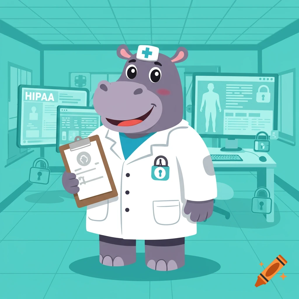 A cartoon hippo doctor in a lab coat and scrub top holds a clipboard in ...
