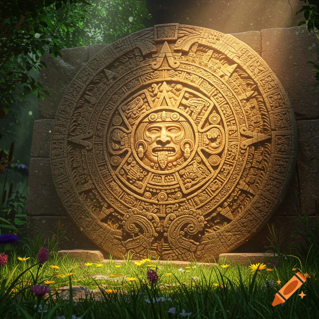 A sunlit Aztec calendar stone carved with a central face and intricate ...