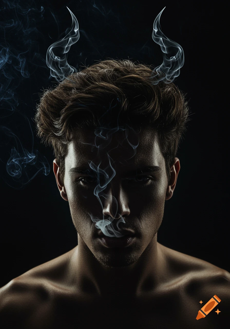 Photorealistic portrait of a young man in a dark, moody atmosphere ...