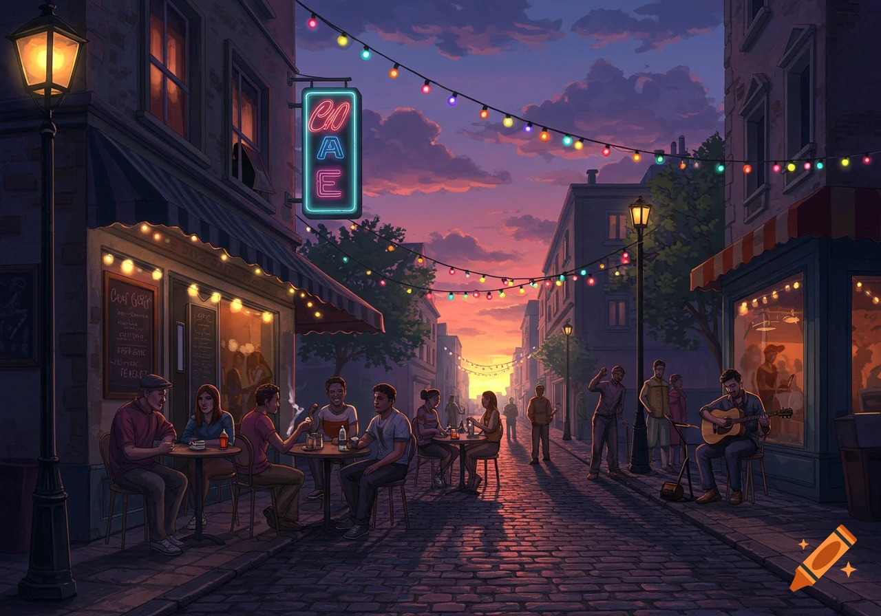 Stylized illustration of Great Bob's barbershop/cafe at sunset, with ...