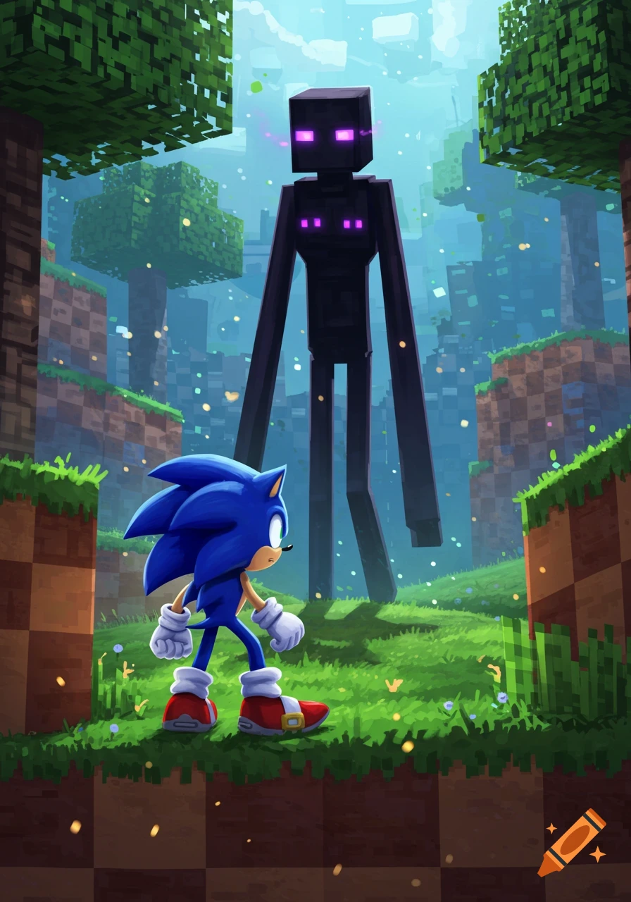 Sonic the Hedgehog confronts a large Enderman in a blocky Minecraft ...