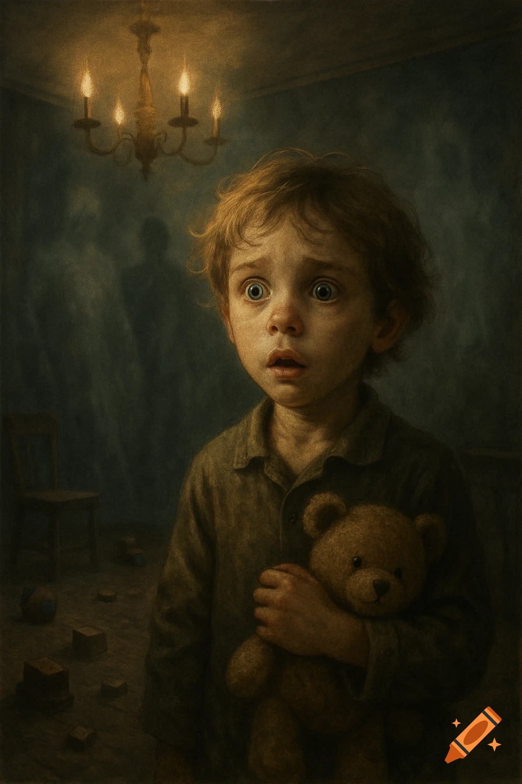 A wide-eyed scared child in pajamas holds a teddy bear in a dimly lit ...