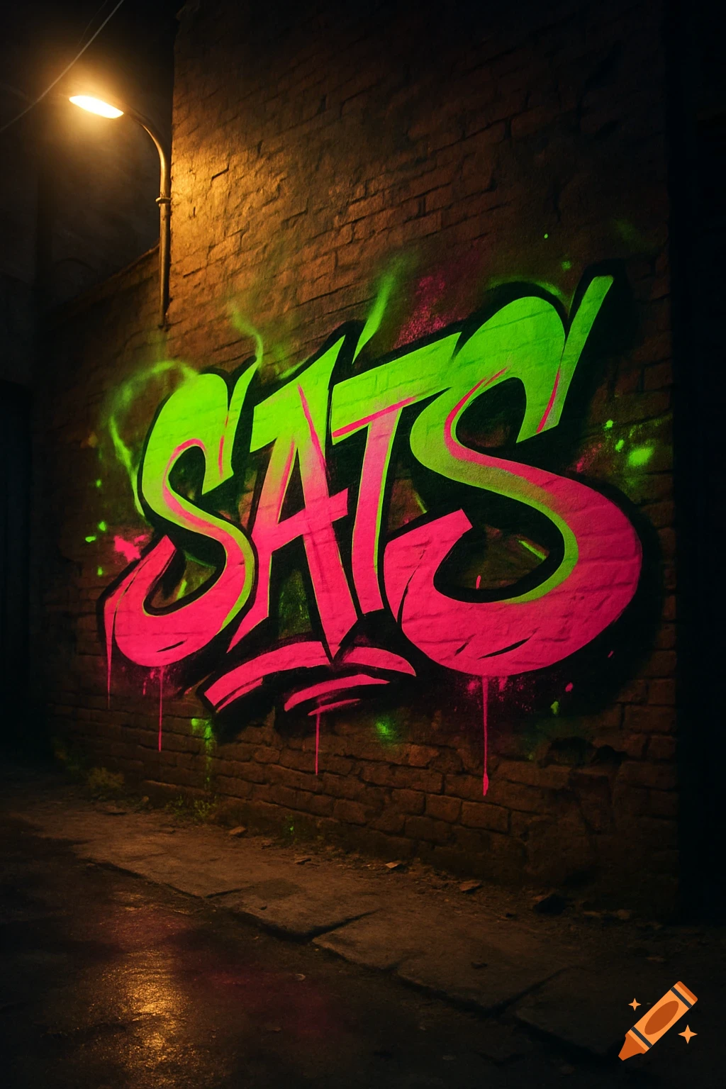 Vibrant pink and green 'SATS' graffiti tag on a brick wall in a dark ...