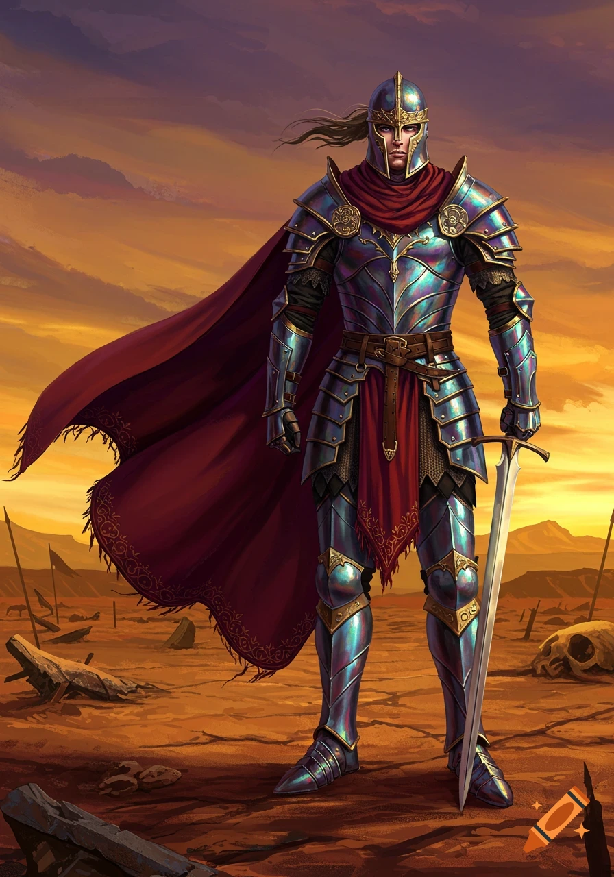 A stylized warrior in iridescent armor and a red cape stands in a ...