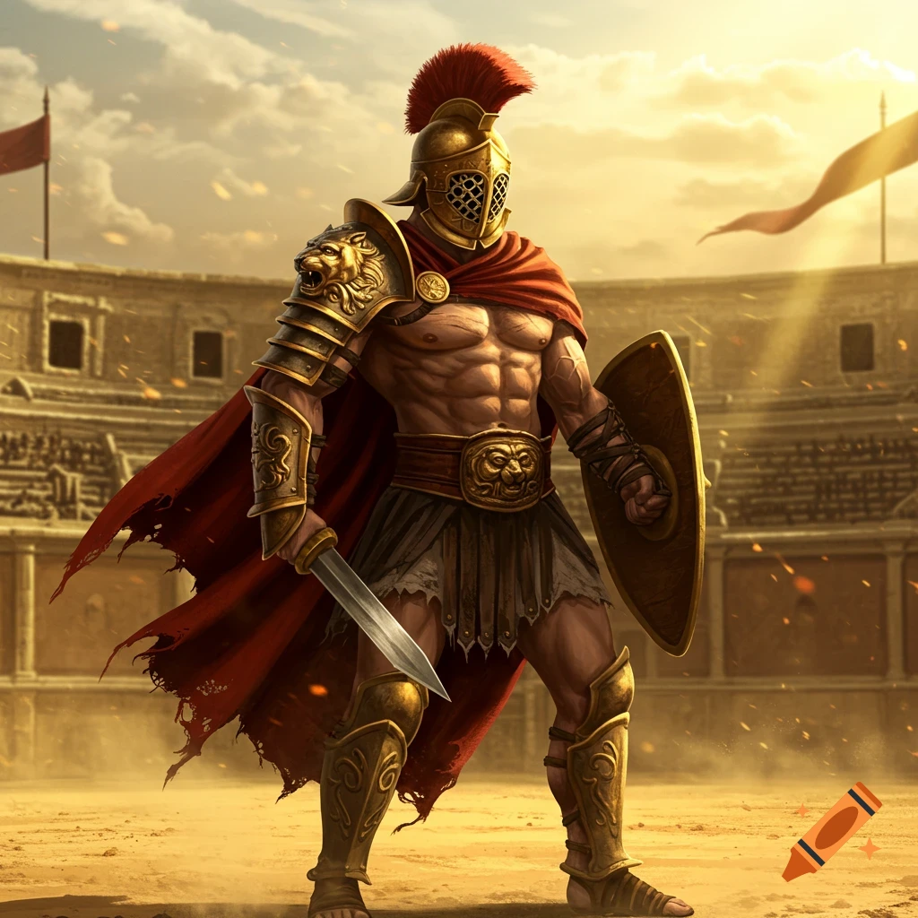 A gladiator in ornate armor holding a sword stands in a sunlit ancient ...