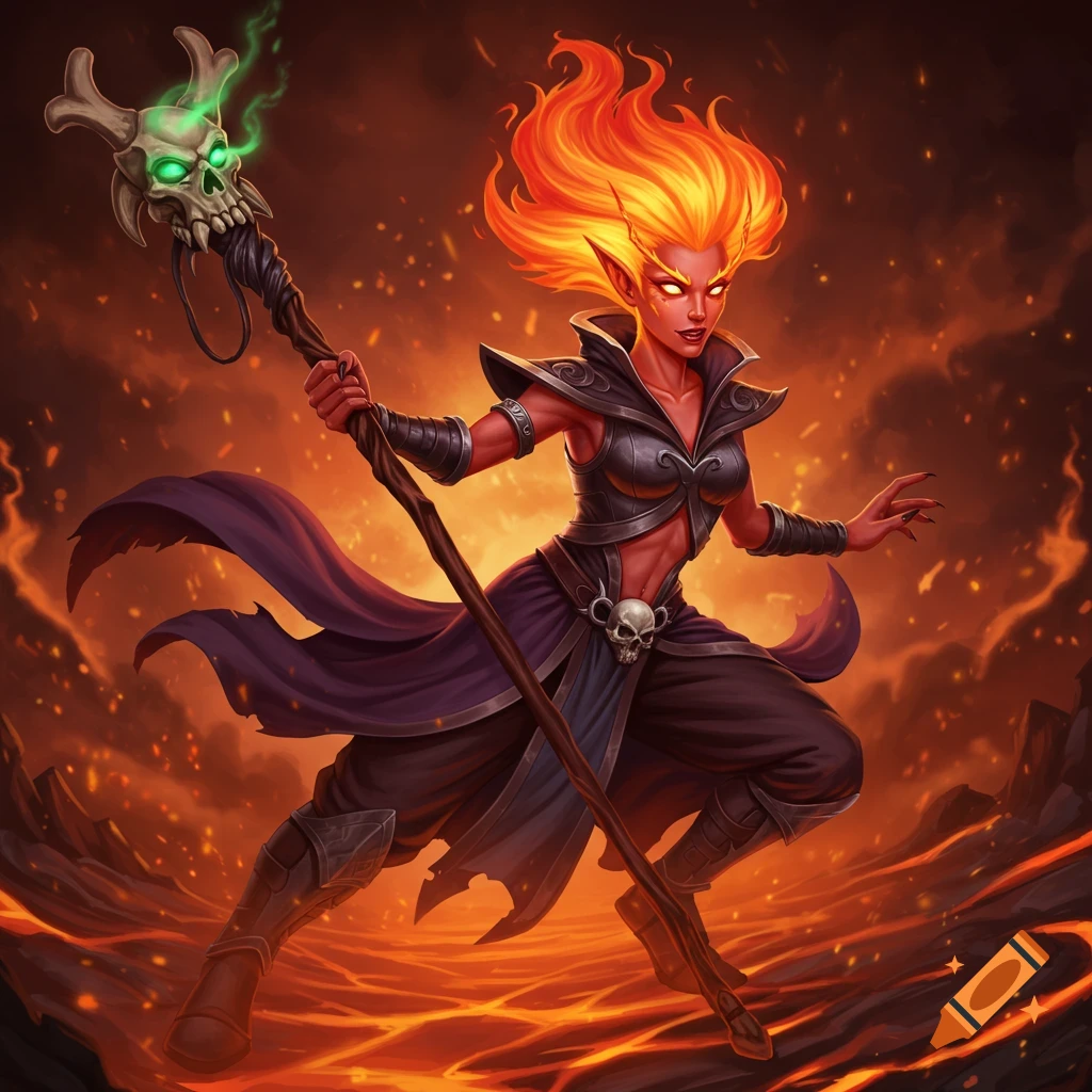 A fire genasi woman with fiery red hair and red skin, smirking, holds a ...
