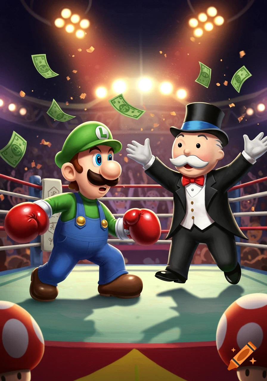Luigi in boxing gloves and the Monopoly Man in a tuxedo stand in a ...