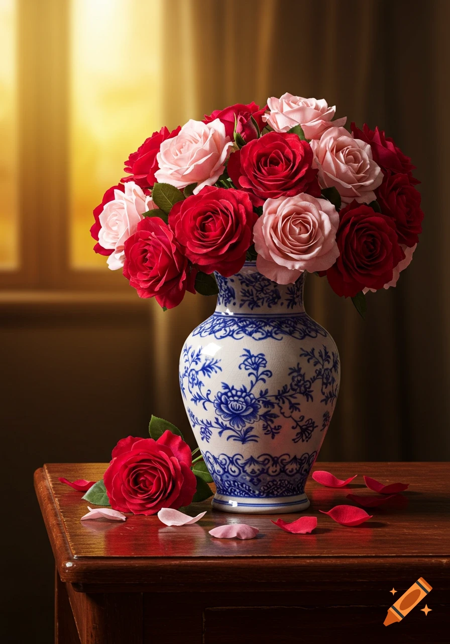 Red and yellow flowers in a glass vase filled with glowing blue liquid ...